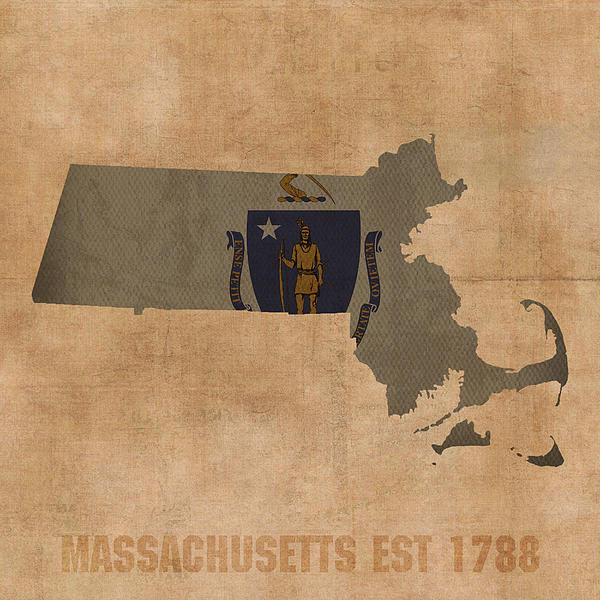 Massachusetts State Flag Map Outline With Founding Date On Worn ...