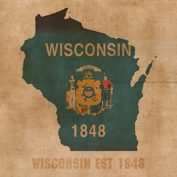 Wisconsin State Flag Map Outline With Founding Date on Worn Parchment ...