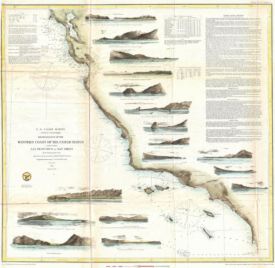 1853 US Coast Survey Map of the West Coast of the United States ...