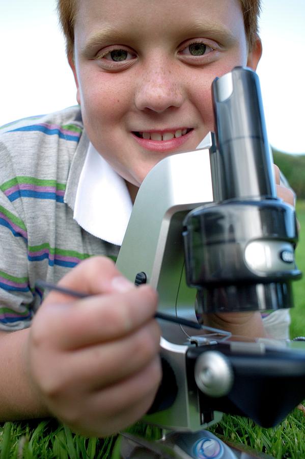 Boy Using A Light Microscope Photograph by Ian Hooton/science Photo ...