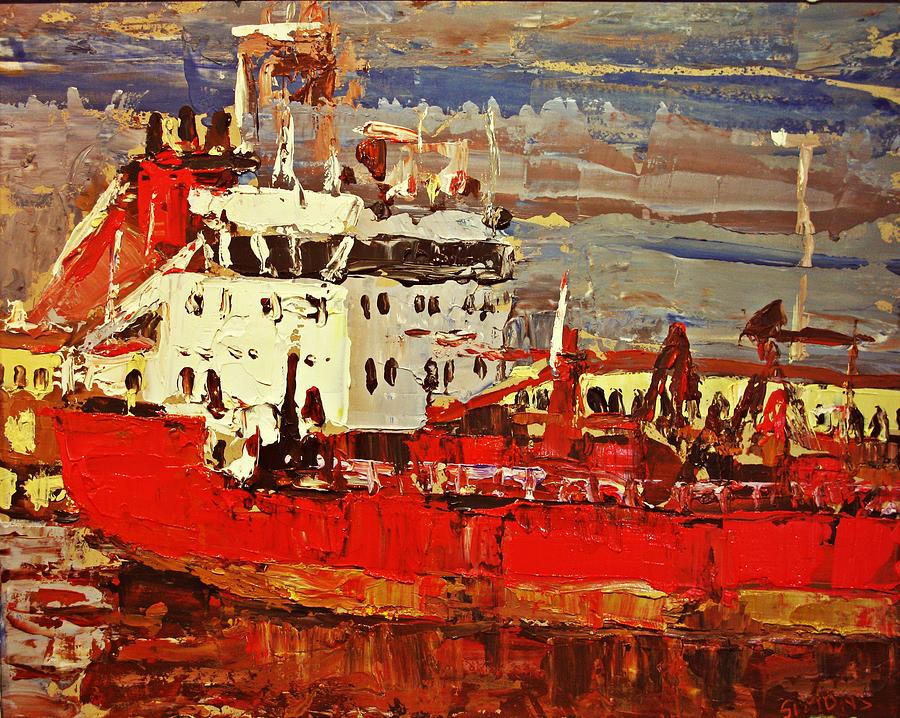 Red Freighter Painting by Brian Simons