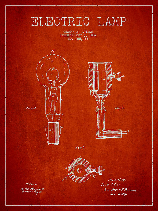 Edison Electric Lamp Patent From 1882 Red Digital Art By Aged Pixel