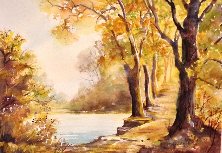 Fall River Bank Painting by Sandy Siebold | Fine Art America