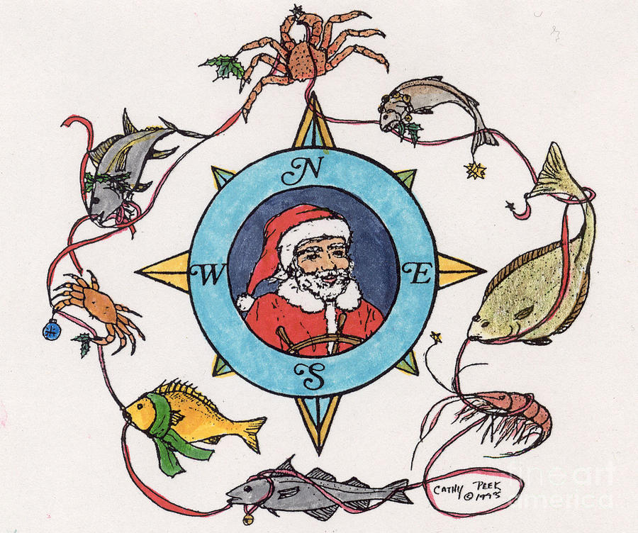 Fisherman Santa Compass Rose Fish Cathy Peek Art Painting by Cathy Peek ...