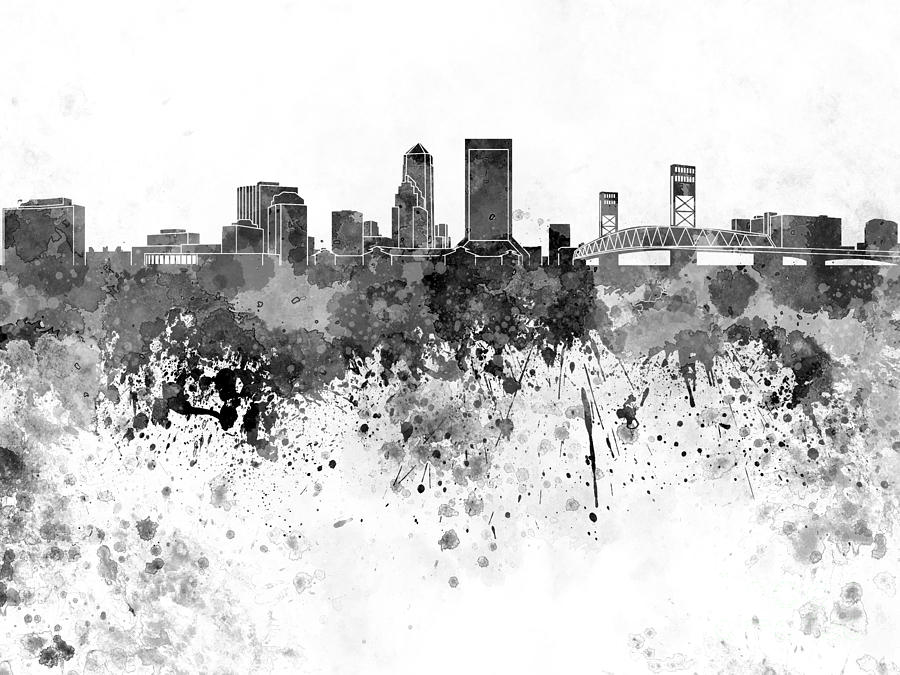 Jacksonville skyline in black watercolor on white background Painting ... Jacksonville skyline in black watercolor on white background Painting ...