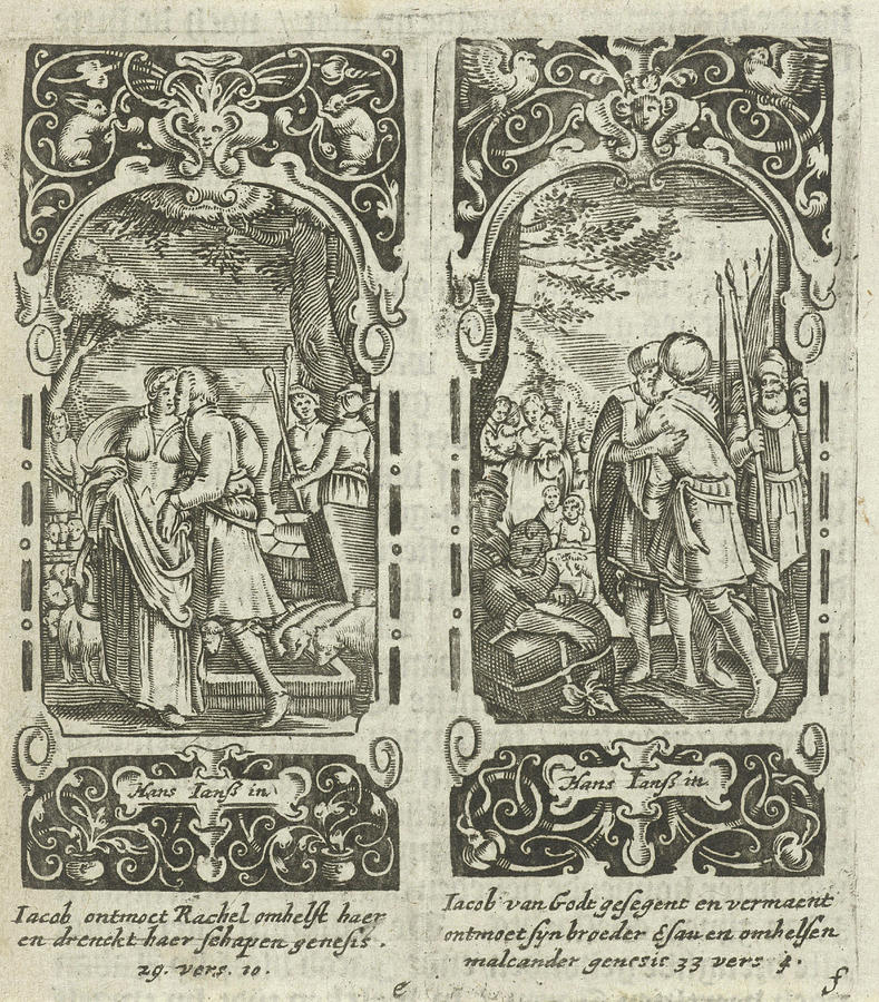 Jacob Kisses Rachel, Esau Embraces Jacob Drawing by Anonymous