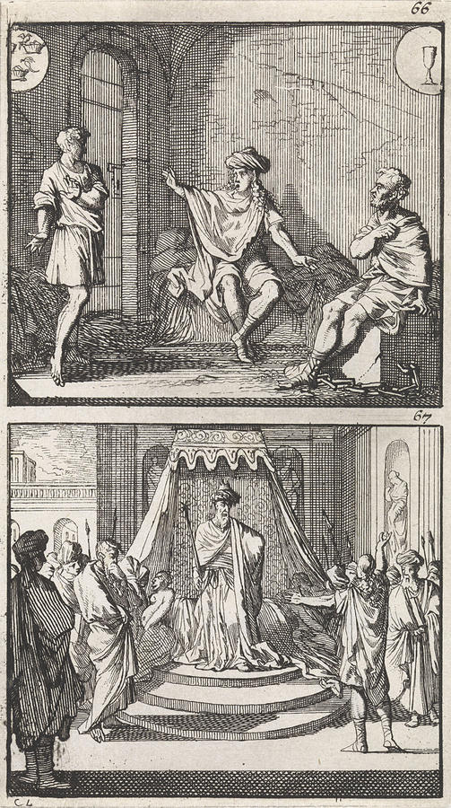 Joseph Interprets Dreams In Jail, Joseph Interprets Drawing by Caspar Luyken And Barent Visscher ...