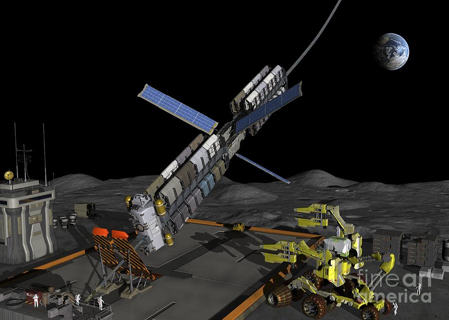 Lunar Space Elevator Moon Base, Artwork by Nasa / Walter Myers ...