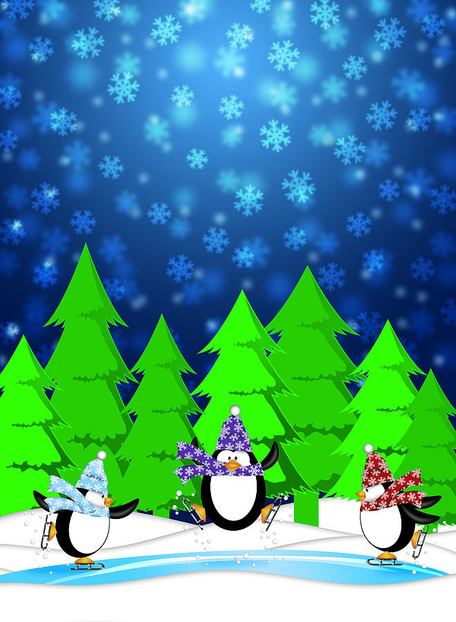 Penguins in Ice Skating Rink Winter Snowing Scene Blue Illustrat ...