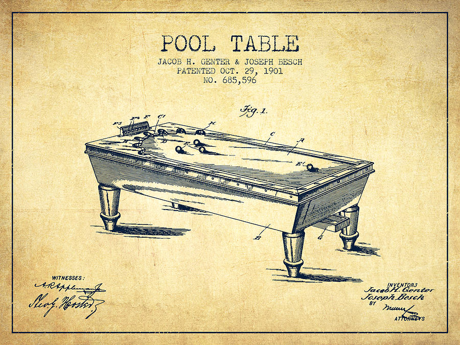 Pool Table Patent from 1901 - Vintage Digital Art by Aged Pixel - Pixels