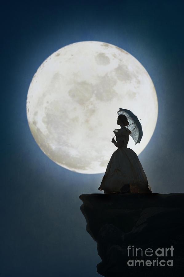 Woman In Historical Clothing On A Cliff With Full Moon Photograph By