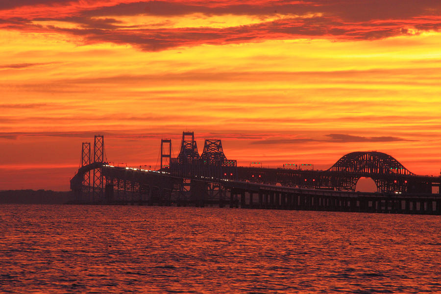 Chesapeake Bay Bridge - Mid Sunset Photograph by Robert Diffenderfer