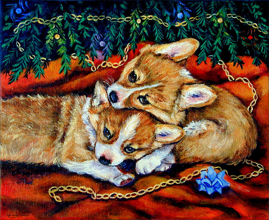 Corgi Pups under the Tree Painting by Lyn Cook | Fine Art America