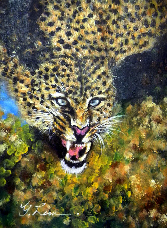 Leopard preying from the tree Painting by Gilbert Lam