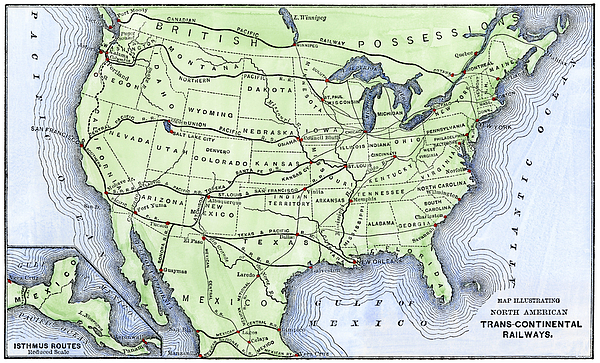 Geographic Map The Transcontinental Railway Lines Of North America ...