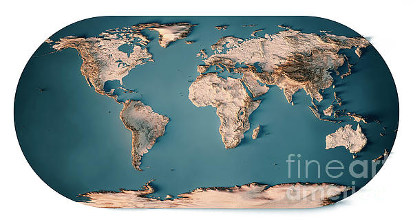 World Map Eckert III 3D Render Topographic Map Dark Ocean Neutra ...