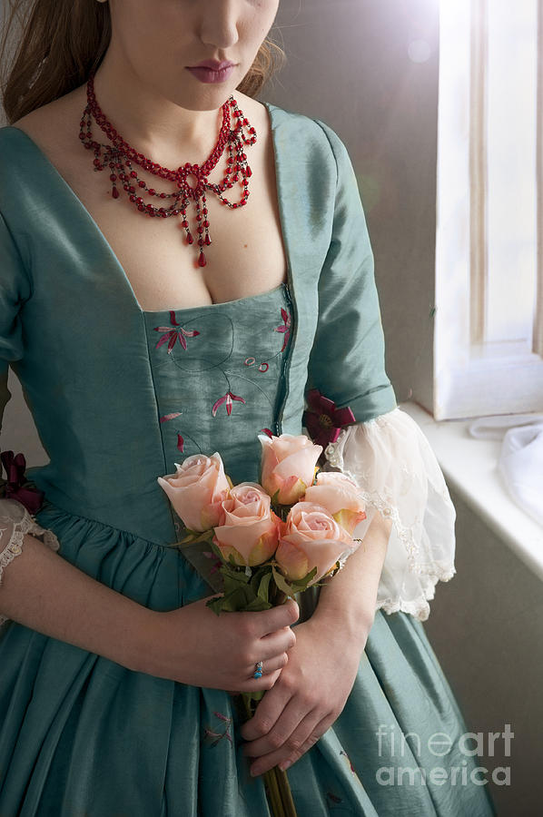 18th Century Georgian Woman At The Window With A Bouquet Of Pink