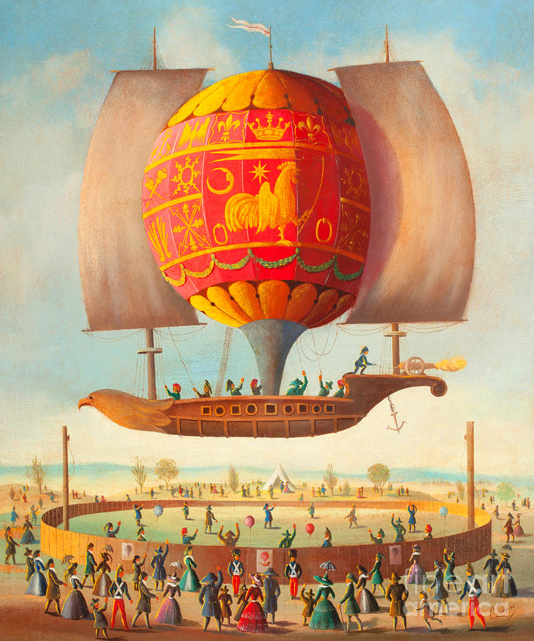 Early French Hot Air Balloon Airship Celebration circa 1840 Painting by ...