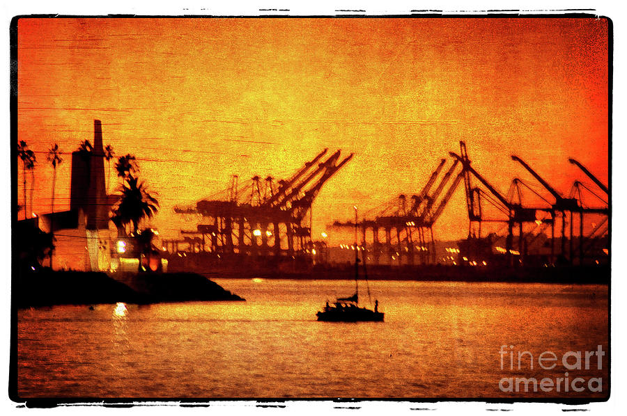 Gold Dusk Port Of Long Beach Watercolor Photograph By Michael Ziegler