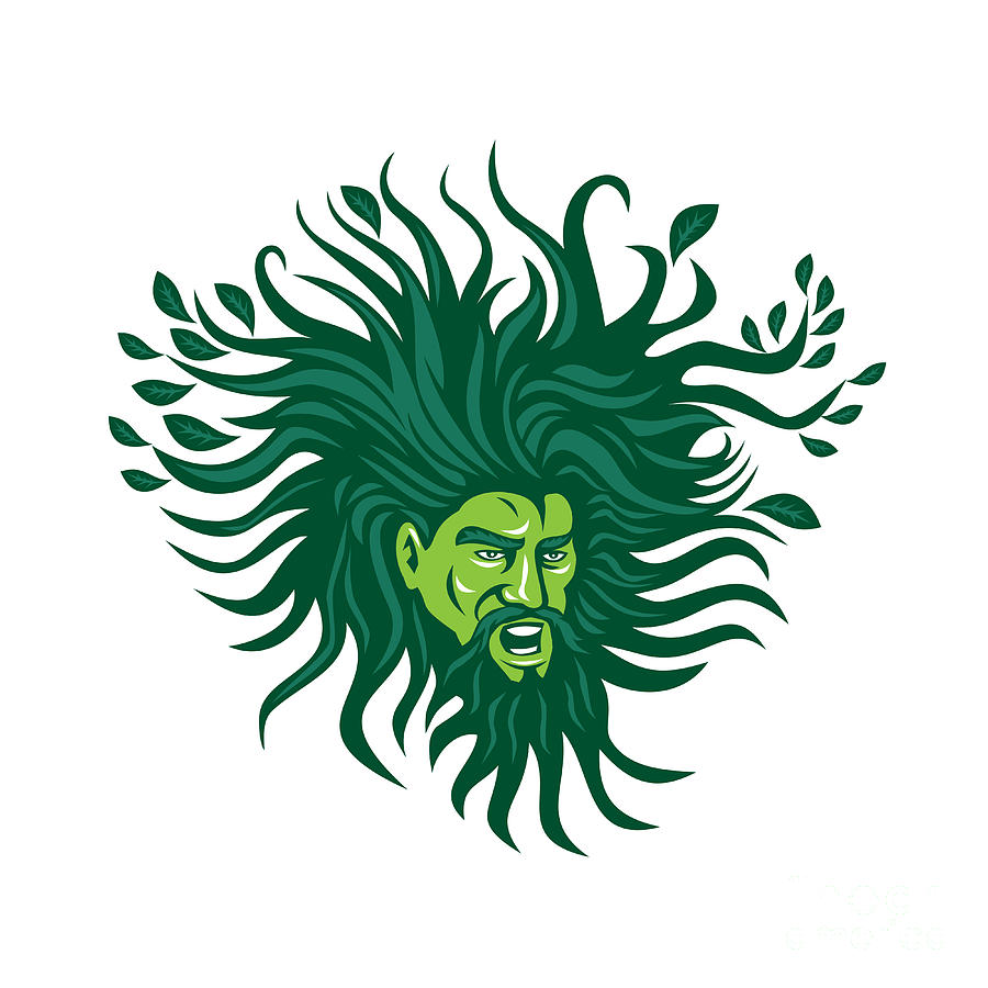 Green Man Head Hair Flowing Leaves Cartoon Digital Art by Aloysius ...
