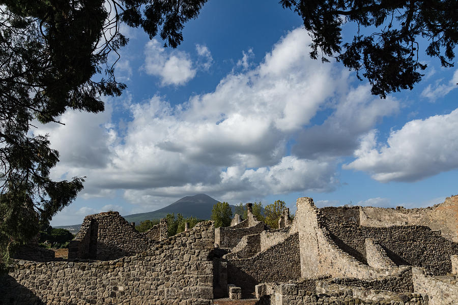 Mount Vesuvius Volcano Framed in Ancient Pompeii Ruins and Italian ...