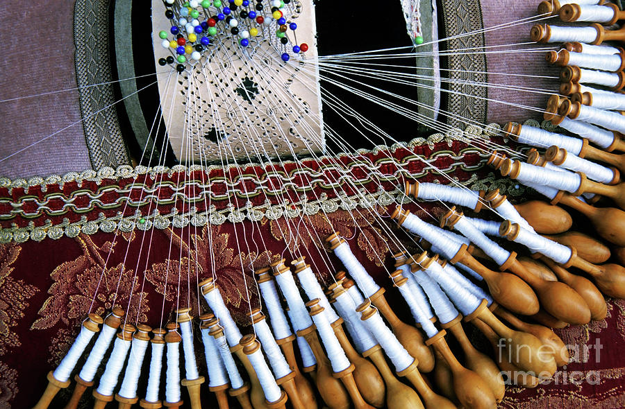 Sewing kit showing the complexity and skill involved in threading lace ...