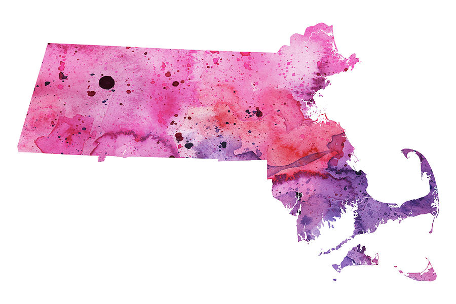 Watercolor Map of Massachusetts, in Pink and Purple - Painting by ...
