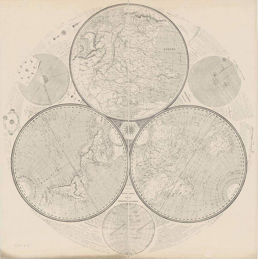 World map in two hemispheres and map of France Mixed Media by ArtBeOk ...