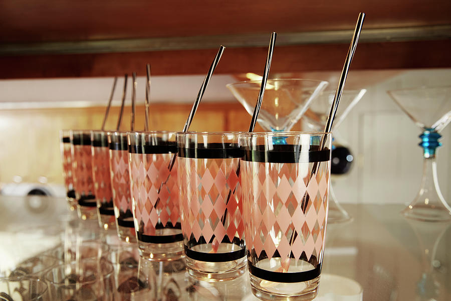 Vintage Drinking Glasses On Glass Shelf In A Mid Century Modern Home Photograph By