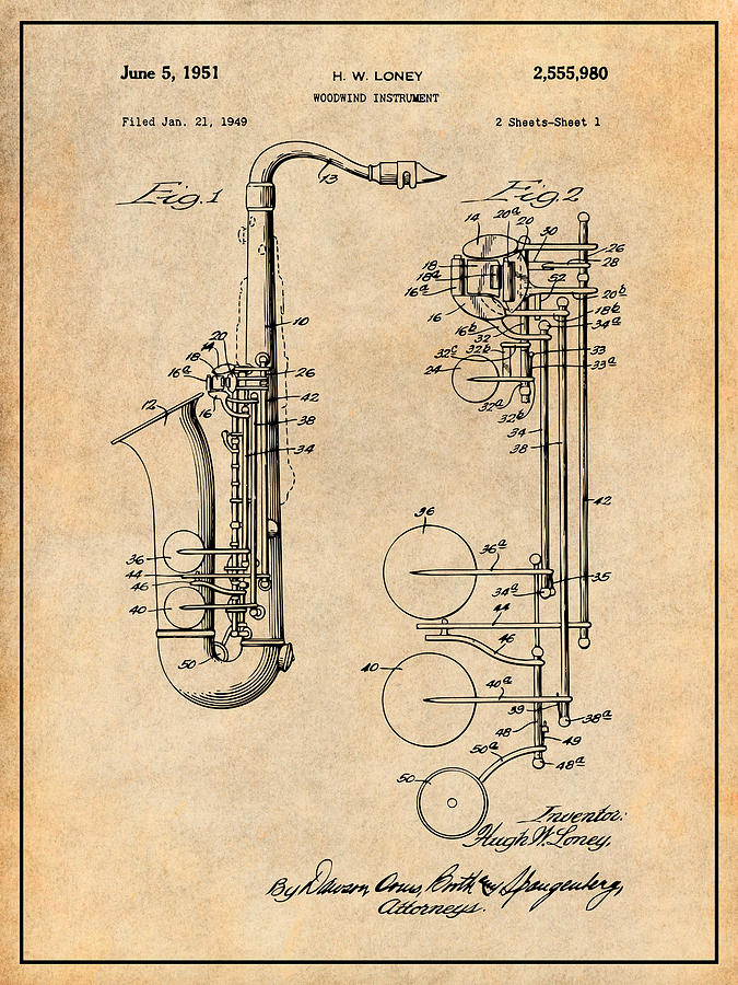 1949 Saxophone Antique Paper Patent Print Drawing by Greg Edwards ...