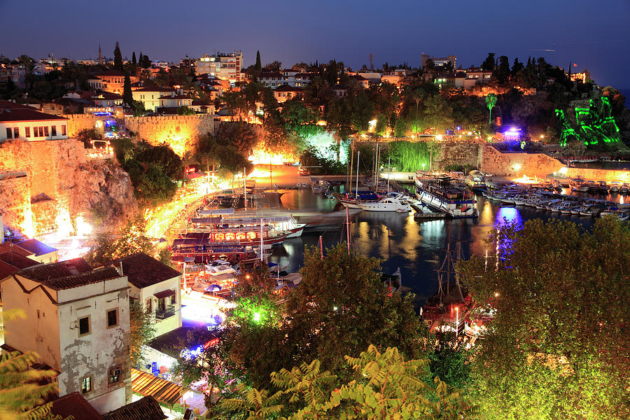 Boats Moored In Old Town Harbour At Night In Antalya, Turkey Photograph ...