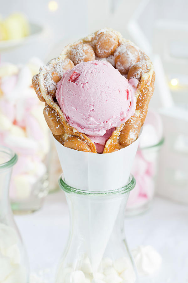 A Bubble Waffle With Strawberry Ice Cream Photograph By Esther
