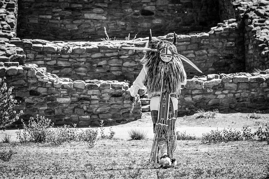 Acoma Pueblo Buffalo Man Walking Away at Aztec Ruins in Black and White ...