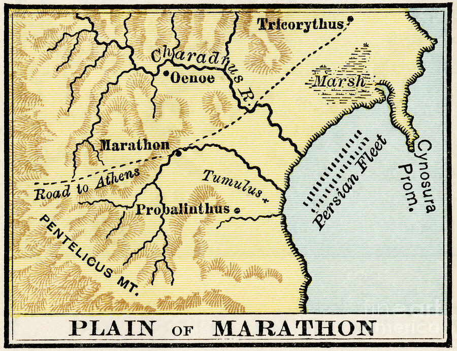 Ancient Greece Map Showing The Marathon Plain Site Where The Battle Of ...