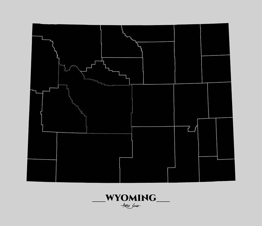 County Map of Wyoming, Black, Artist Singh Mixed Media by ArtGuru ...