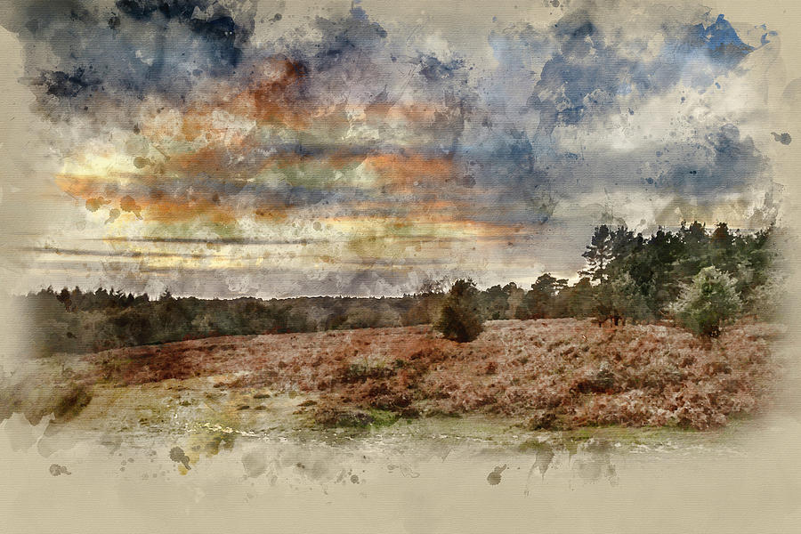 Digital watercolour painting of Beautiful Autumn Fall sunset ove ...