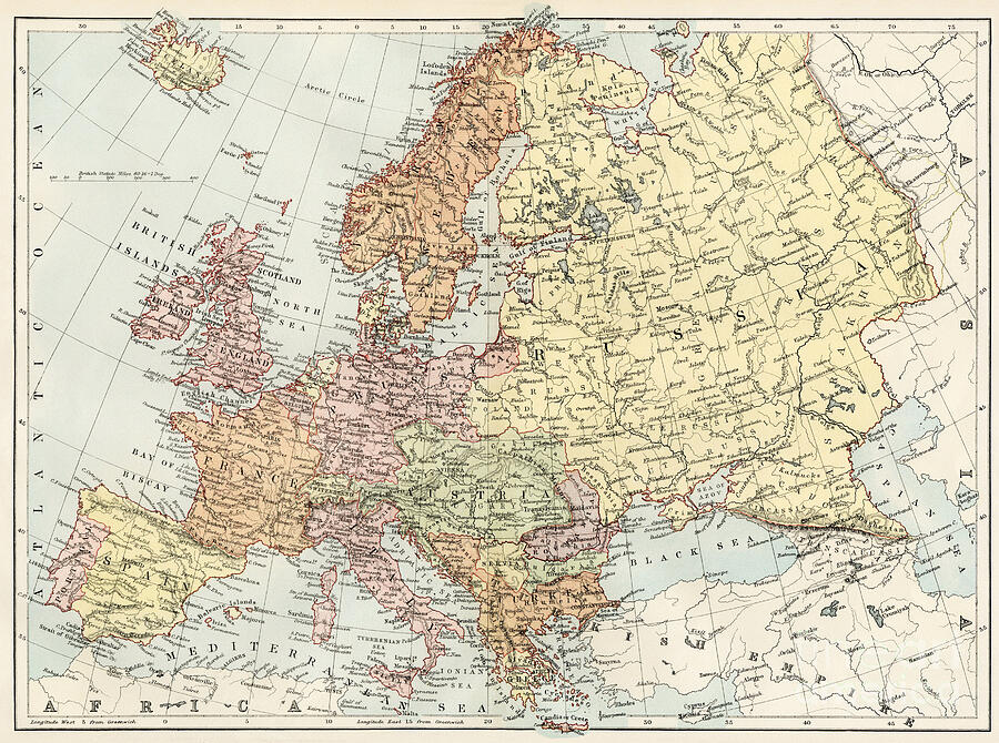 Geographic Map Of Europe In The 1870s 19th Century Colour Lithography ...