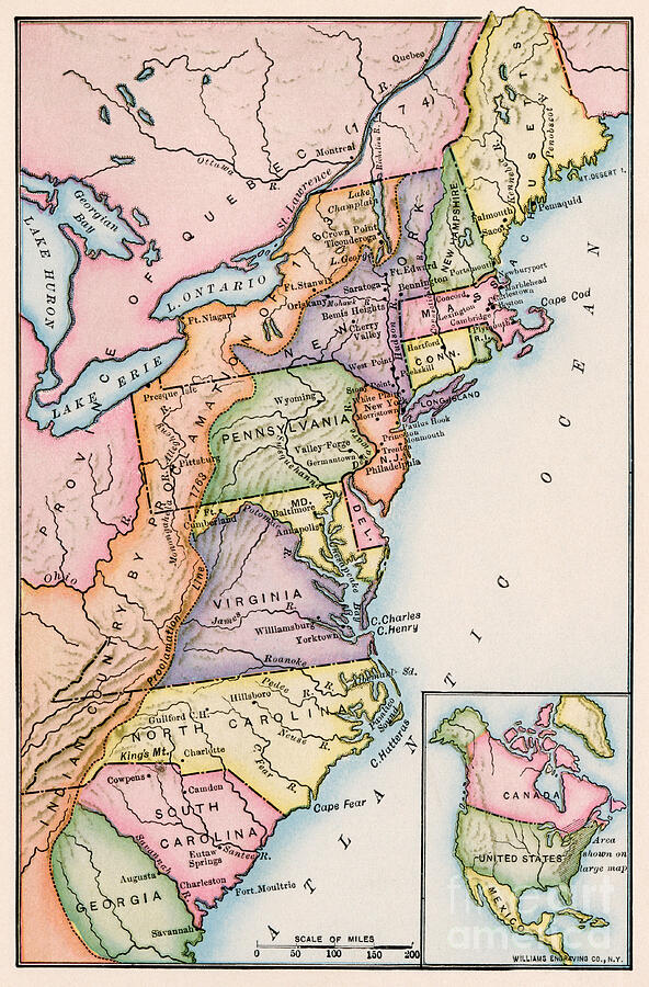 Geographic Map Of The 13 North American Colonies On The Atlantic Coast ...