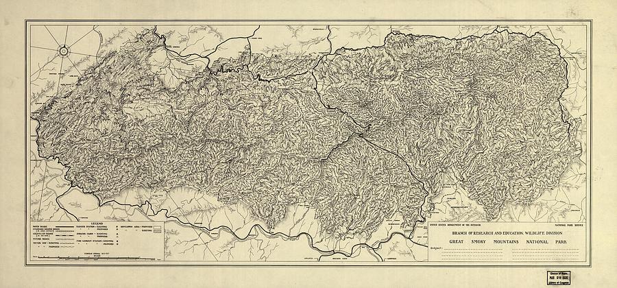 Great Smoky Mountains Antique Map by National Park Service 1935 Drawing ...