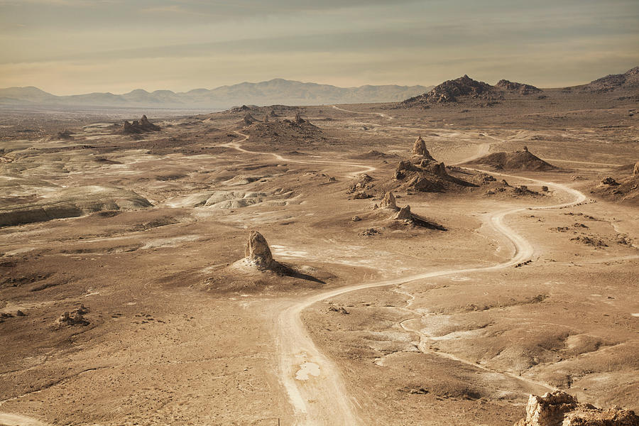 High Angle View Of Trona Pinnacles And Winding Desert Road, Trona ...