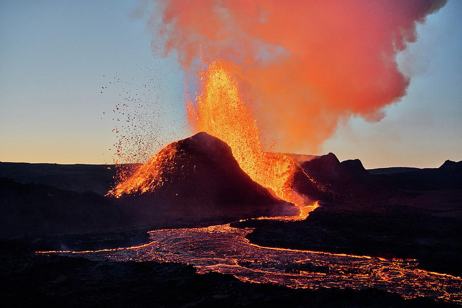 Hot Lava Erupting From Volcano At Sunset Photograph by Cavan Images ...