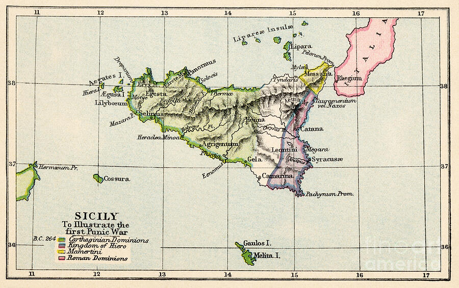 Map Of Sicily (italy), During The First Punic War, 264 Bc, With The ...