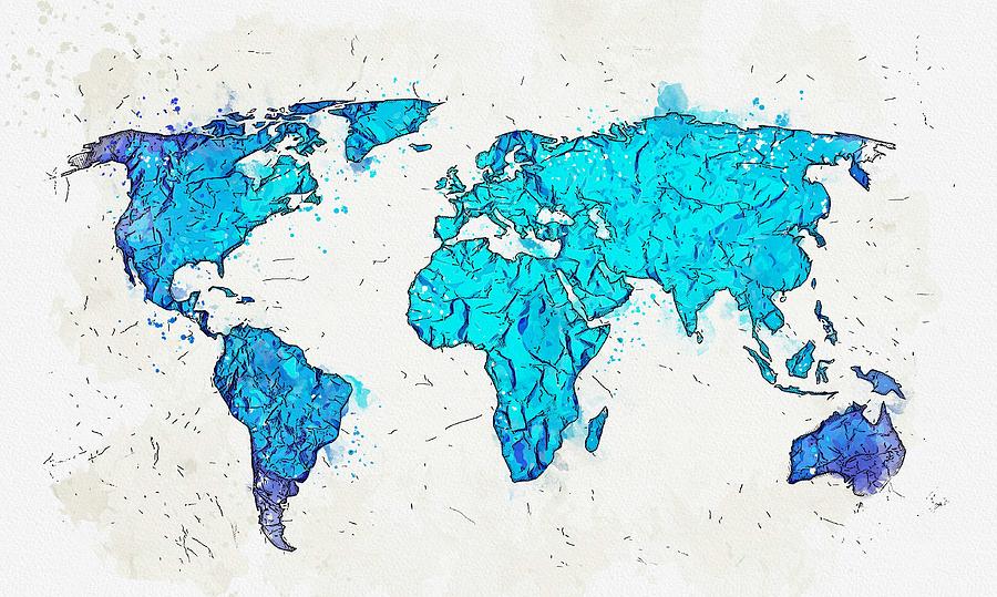 Map Of The World - watercolor by Ahmet Asar Painting by Celestial ...