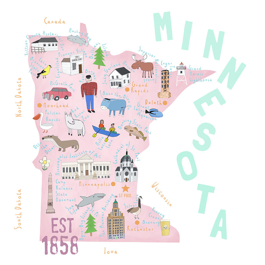 Minnesota Map Illustration with State Icons by Carla Daly by Carla Daly