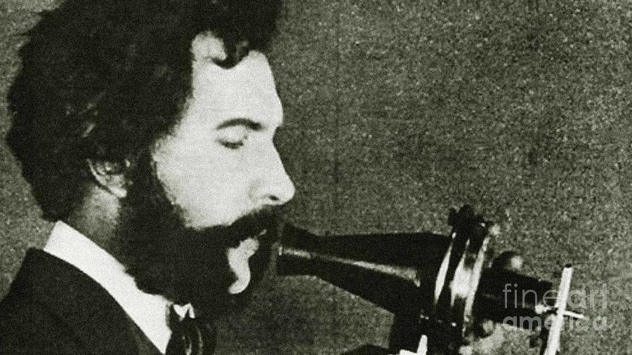 Portrait Of Alexander Graham Bell Speaking Into A Telephone Receiver, Circa 1876 Photo ...