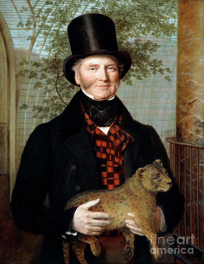 Portrait Of Edward Cross, Half-length, In A Black Coat And Red-check Waistcoat Holding A Lion ...