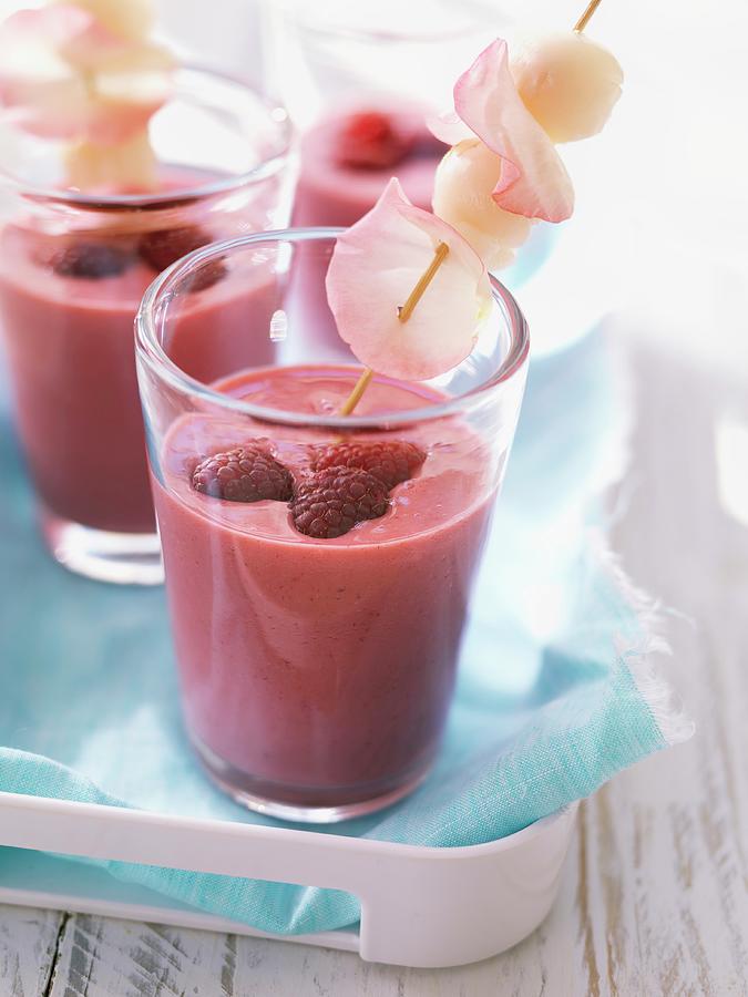 Raspberry Milkshake, Lychee And Rose Petal Brochette Photograph by Hall ...