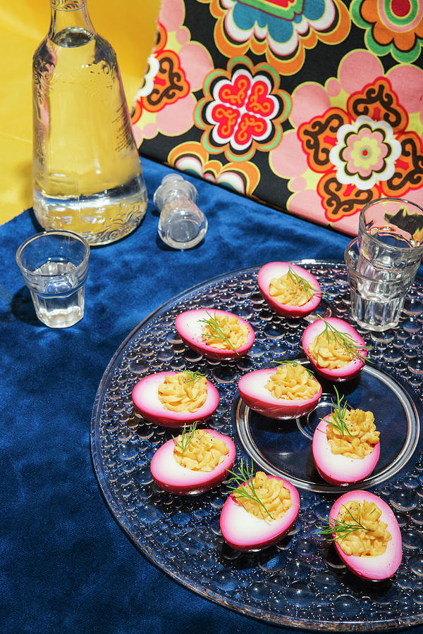 Russian Eggs, Garnished With Dill On A Glass Plate, Served With Vodka ...