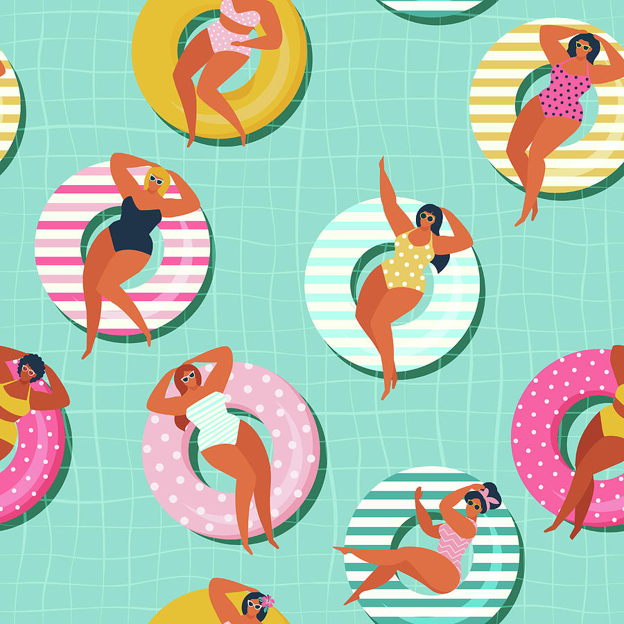 Summer gils on inflatable in swimming pool floats. Vector seamless ...