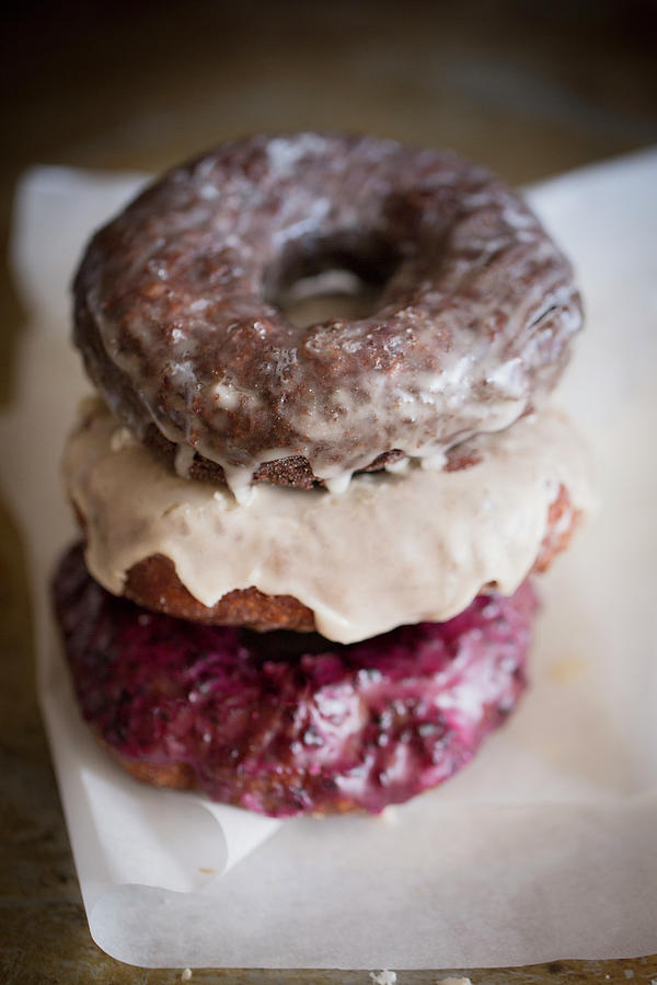 Three Donuts With Different Glazes, Stacked Photograph by Eising Studio ...